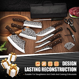 MDHAND Butcher Knife Set, 14 PCS Chef Knife Set with Bag, Hand Forged Kitchen Knife Set Meat Cleaver Boning Knife Viking Knife for Kitchen Camping Outdoor BBQ