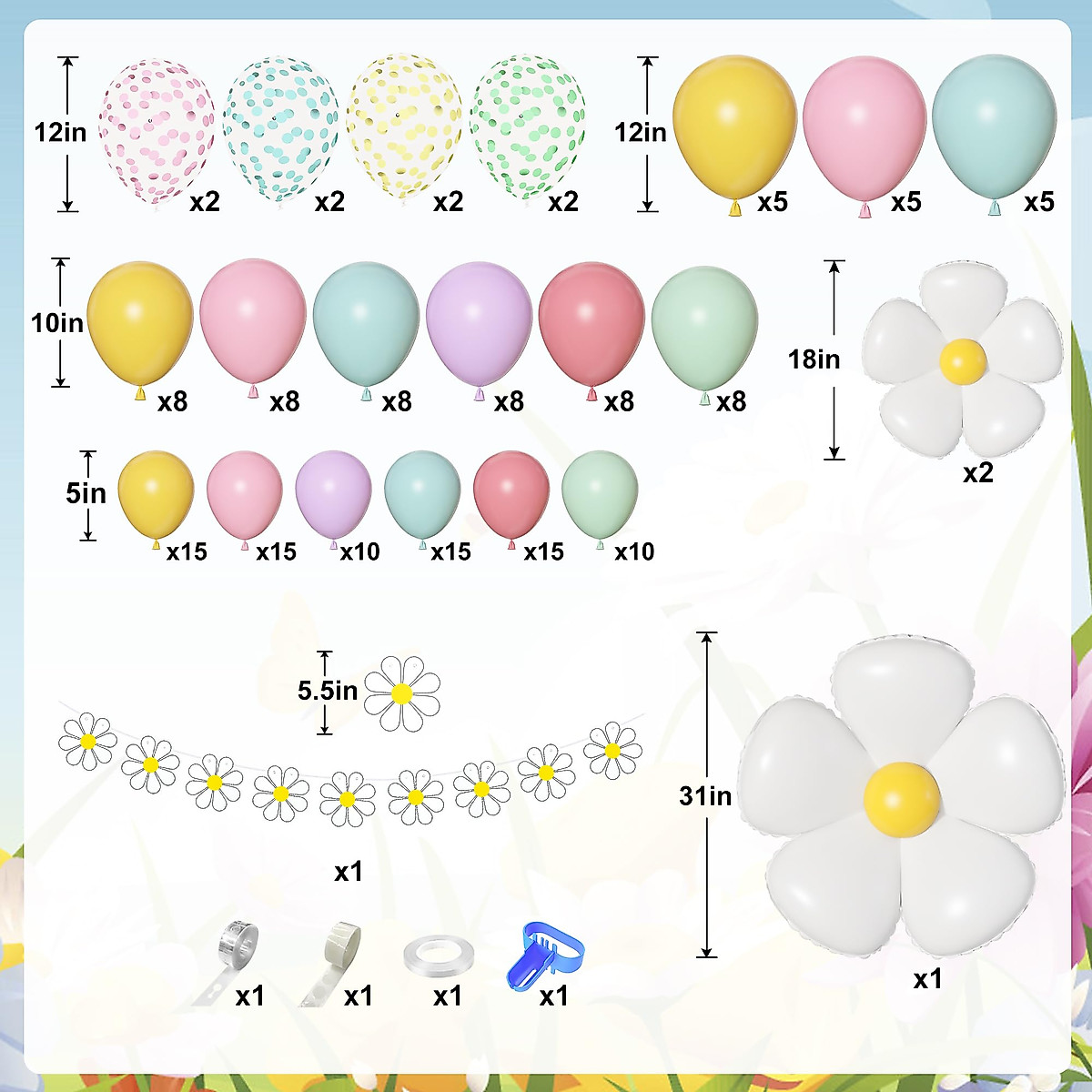 Amandir 162Pcs Daisy Balloon Garland Arch Kit, White Groovy Flower Pastel Balloon Arch Pink Yellow Blue Green Purple Balloons Daisy Banner for Birthday Baby Shower Bridal Wedding