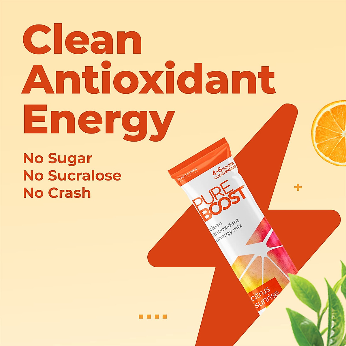 Pureboost Clean Energy Drink Mix + Immune System Support. Sugar-Free Energy with B12, Multivitamins, Antioxidants, Electrolytes (Citrus Sunrise, 30 Count)