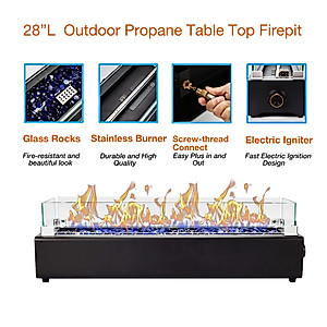 BAIDE HOME 28-inch Table Top Propane Fire Pit, 40,000 BTU Tabletop Firepit for Patio, Outdoor Portable Fireplace Rectangular Fire Bowl w/Wind Glass Shield, Glass Rocks - Black