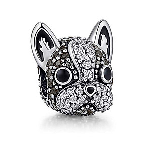 Ginger Lyne Collection French Bulldog Frenchie Boston Terrier Brown or Black Dog Charm for Bracelet or Necklace Round European Bead Sterling Silver CZ Cubic Zirconia