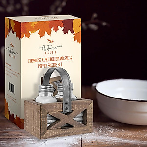 Autumn Alley Farmhouse Napkin Holder and Adorable Farmhouse Salt and Pepper Shakers Set With Wood Holder - Barn Door Motif, Galvanized Metal - Upright Rustic Napkin Holder Rustic Kitchen Décor (Brown)