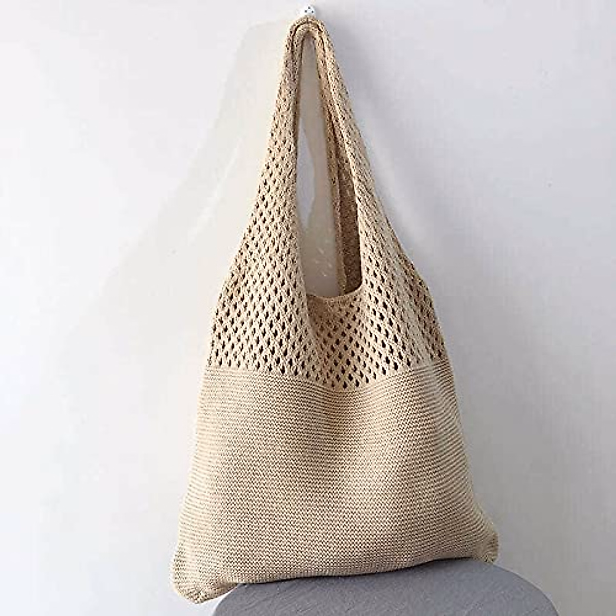 Sluxa Knit shoulder bag for women, beige knitted tote bag for women, Hippie casual aesthetic women tote bag