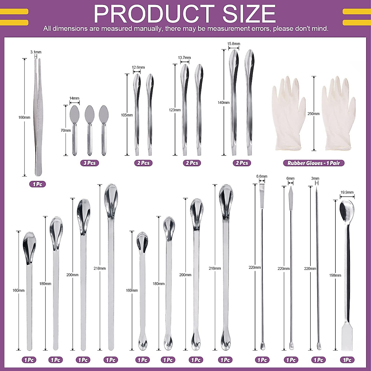 Swpeet 23Pcs Stainless Steel Micro Lab Scoop Spoon Lab Spatulas Assortment Kit, Pill Filler Tamper Tool Micro Spatula Steel Spoon Reagent Laboratory Mixing Spatula Long Sampling Spoon for Powders Gel