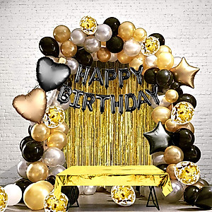 MOVINPE Black Gold Birthday Party Decoration, Black Happy Birthday Banner, Golden Fringe Curtain, Foil Tablecloth, Heart Star Confetti Balloons, 10g Table Confetti for Girl Boy Kids Men Women Adults