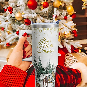 owbgsdh 40 oz Christmas Tumblers with Handle and Straw, Christmas Deer Tree 40oz Stainless Steel Vacuum Insulated Travel Coffee Mug Cup Water Bottle, Christmas Decor Stuff Accessories Gifts for Women