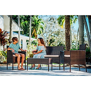Nestl Wicker Patio Furniture Set - 4 Piece Patio Set with Patio Chairs Set of 2, Loveseat, Glass Top Coffee Table, Outdoor Furniture Sets for Backyard or Pool, Front Porch Furniture Set (Brown/Beige)