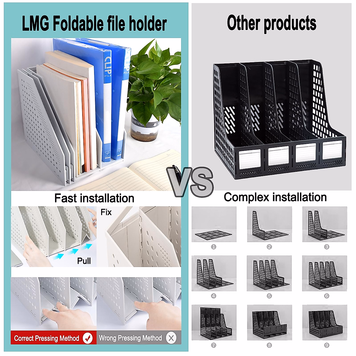 Lemical Freely Expanding 4 Vertical Compartment Collapsible Magazine File Holder Space Saving Rack Home Kitchen Desk Organizer No Need Assemble Gray