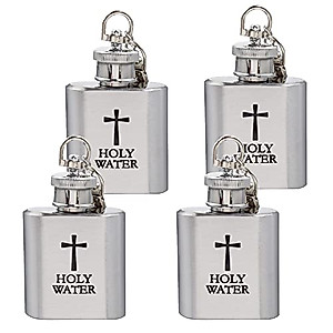 RONRONS 4 Pieces Metal Holy Water Bottles with Keychain, 100ml Empty Refillable Catholic Christian Holy Water Container with Black Cross, Easter Party Favor Church Thanksgiving Day Decorative Bottle