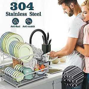 LIONONLY Dish Drying Rack 2 Tier, Dish Rack with Drainboard, Durable Stainless Steel Dish Racks for Kitchen Counter,Detachable Kitchen Dish Rack Dish Strainer Rack for Dishes, Knives, Spoons, Forks