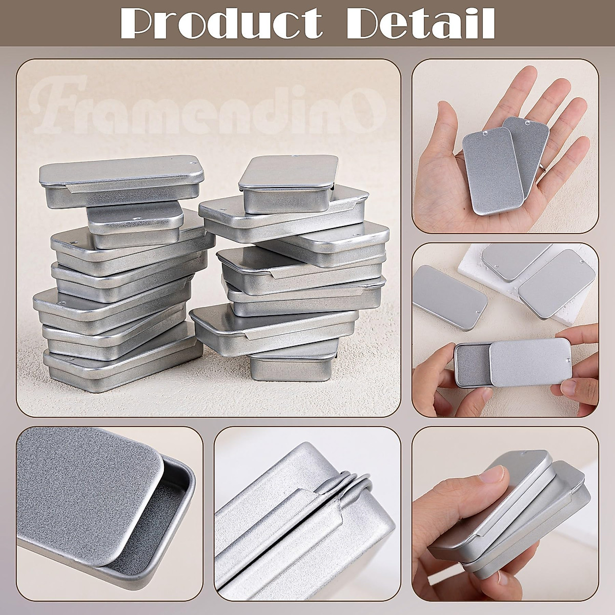 Framendino, 50 Pack Metal Tin Box Containers Mini Empty Slide Top Tin Case Small Rectangular Empty Storage Boxes for Wedding Jewelry Lip Balm Container Cosmetic Organizer