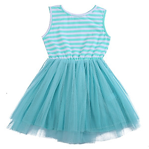 Baby Girls 2nd Birthday Outfit Sleeveless Striped Tulle Tutu Dress Two Years Birthday Cake Smash Outfits Princess Tutu Skirt Shiny Crown Print Party Bow Skirt Clothes Photo Prop Turquoise-Two Years