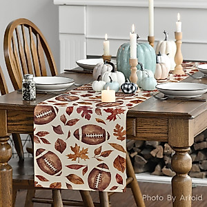 Artoid Mode Rugby Maple Leaves Football Fall Table Runner, Seasonal Harvest Autumn Kitchen Dining Table Decoration for Home Party Decor 13x72 Inch