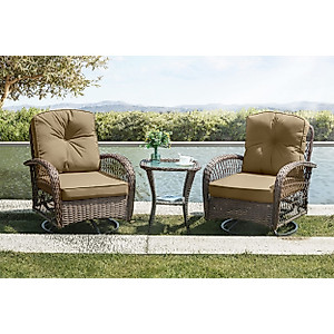 SHA CERLIN 3 Pieces Patio Furniture Set, Outdoor Swivel Glider Rocker, Wicker Patio Bistro Set with Rocking Chair, Cushions and Table (Khaki)