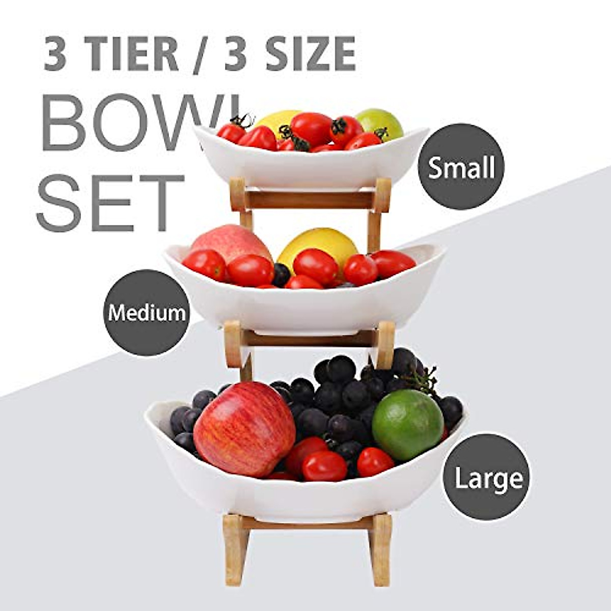 SEVEN SPARTA Tiered Fruit basket Fruit Bowl for Kitchen Counter, Elegant Combo of Ceramic Bowls and Bamboo Rack, Big Capacity, Easy Install, Multi-Occasion for Kitchen, Party, Restaurant and Gift