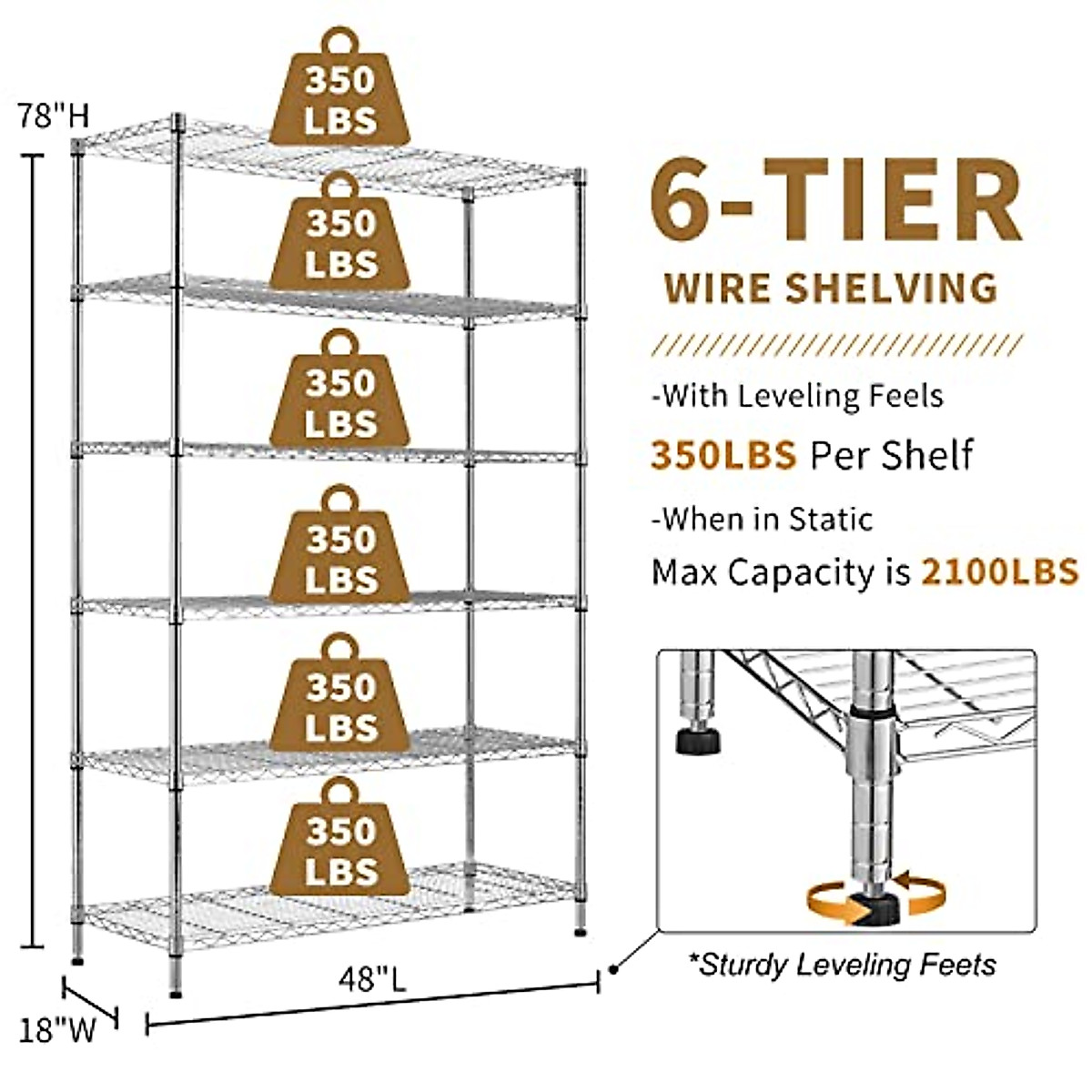 YYkokocat 6-Tier Adjustable Storage Shelves Heavy Duty Wire Shelving Unit with Wheels 2100Lb Metal Layer Rack Shelf NSF Shelving for Closet Kitchen Garage, 82" H x 48" L x 18" D - Chrome