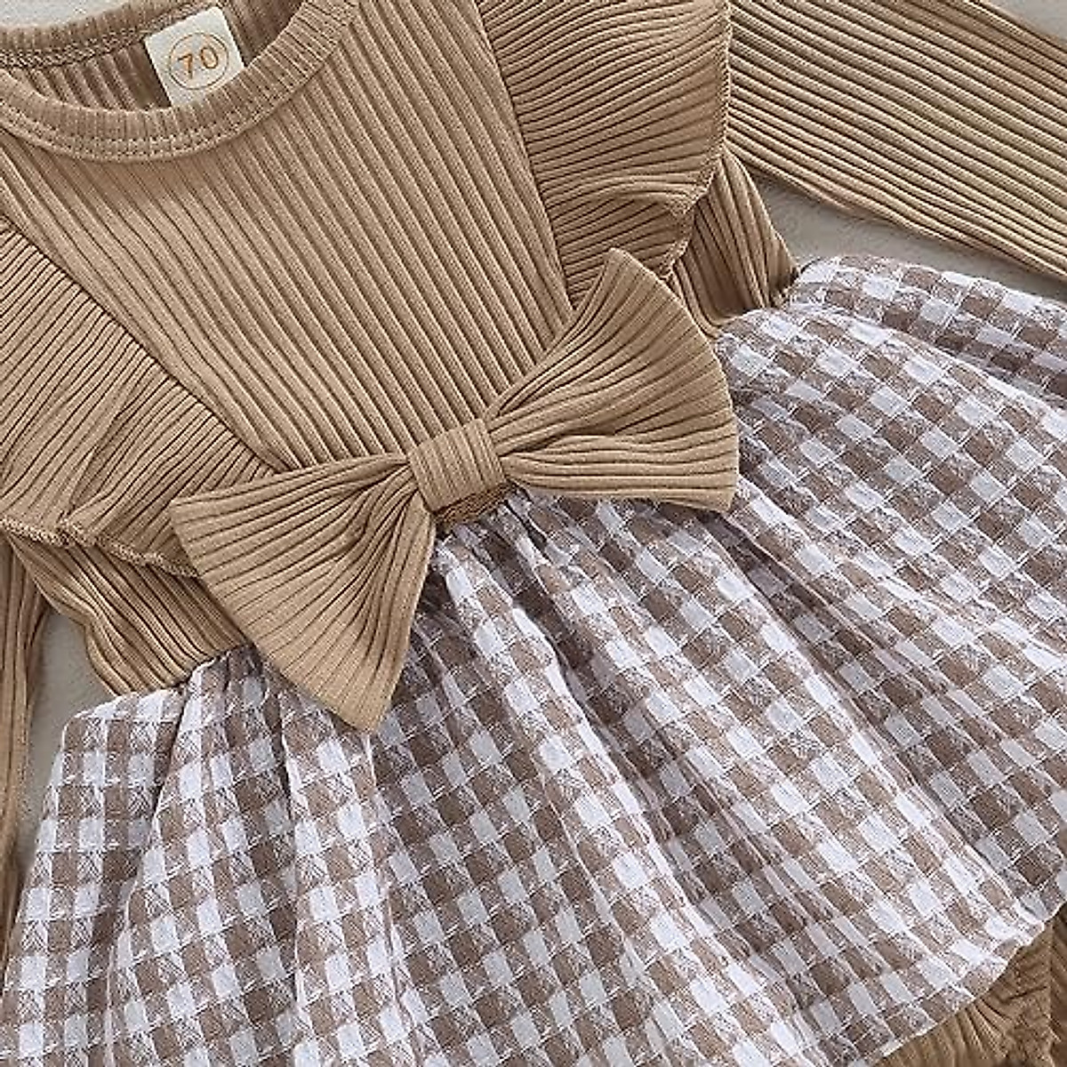 Mialoley Baby Girl Knit 2 Piece Sets Ribbed Long Sleeve Ruffles Bowknot Decor Houndstooth Print Romper Dress with Headband (Brown, 12-18 Months)