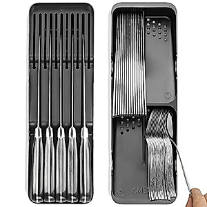 Compact Silverware Drawer Organizer, Cutlery Tray and Utensil Holder, Sturdiness and Non-slip Feet, Classic Small Kitchen Drawer Organizer Box Set for Flatware and Knifes Partition Storage (Black)