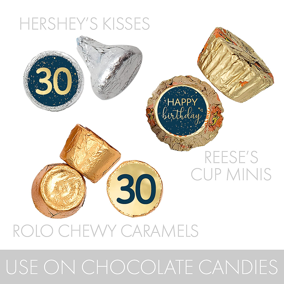 Navy Blue and Gold 30th Birthday Party Favor Chocolate Kisses Candy Stickers - 0.75 in. Round - 180 Labels