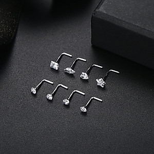 MILACOLATO 8Pcs 20G Sterling Silver Nose Rings Studs for Women Men Star Marquise Heart Square Round Shaped CZ Nose Stud L Shape Nose Ring Body Piercing Jewelry