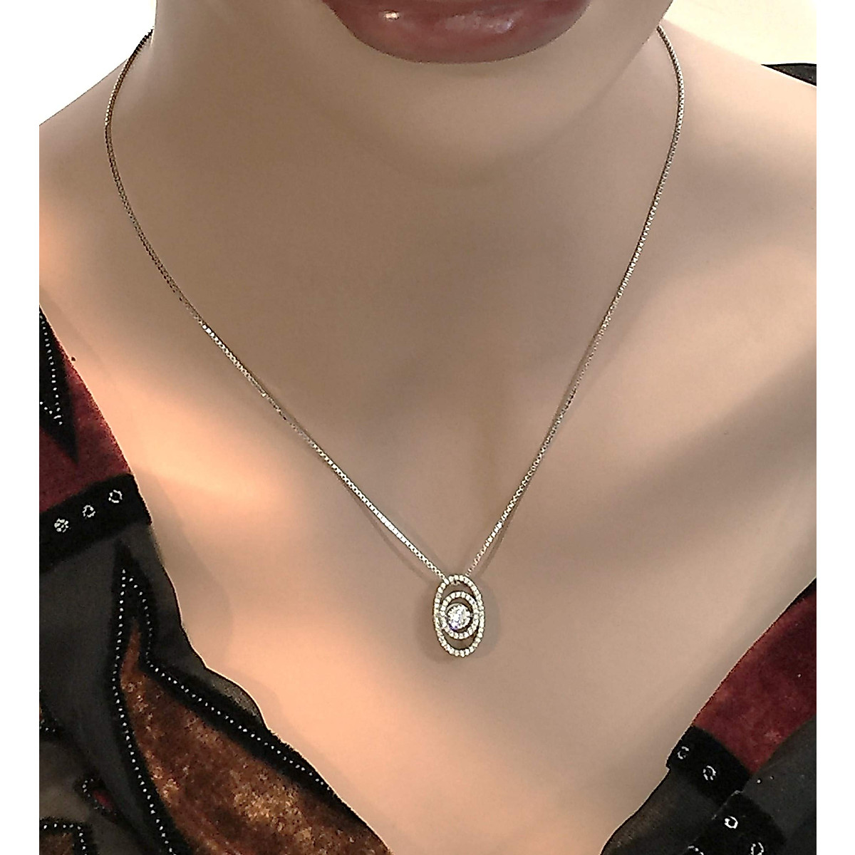 Central Diamond Center Double Oval Dancing Gemstone Necklace, 925 Sterling Silver & Pure Brilliance Zirconia - Platinum Plated