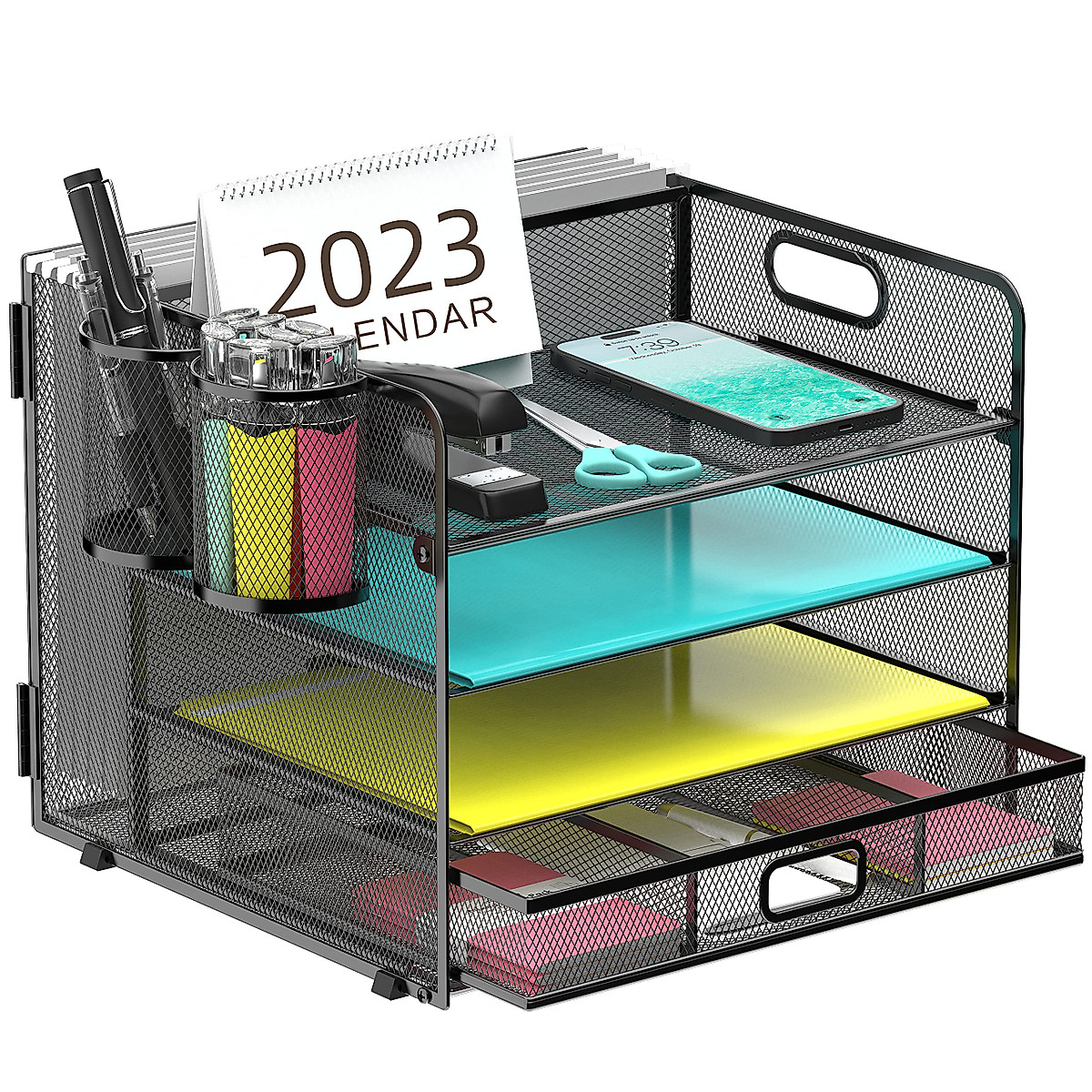 Daltack Paper Tray Mesh Desk Organizer with Vertical File Holder Office Organization with Drawer File Holder Desk File Organizer