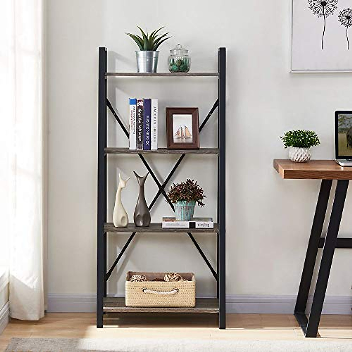 BON AUGURE Rustic Ladder Bookshelf, 4 Tier Industrial Ladder Shelf Bookcase, Standing Leaning Book Shelves for Living Room (Dark Gray Oak)