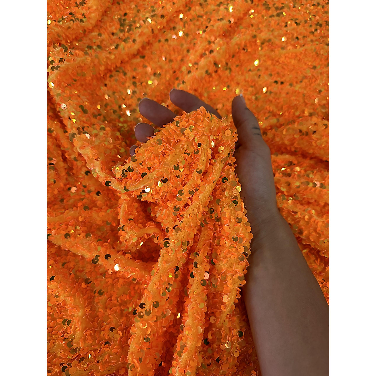 Sequin Velvet Fabric Soft Stretchy Cloth with Glittering Sequins Perfect for Dressmaking Costumes Upholstery and Christmas Decor 1 Yard of Spandex Fabric for Sewing and Crafts (Orange)
