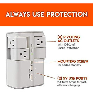 ECHOGEAR USB Wall Charger Surge Protector with 4 Pivoting AC Outlets & 2 USB Ports – Packs 1080 Joules of Surge Protection & Installs On Existing Outlets to Protect Gear & Increase Outlet Capacity