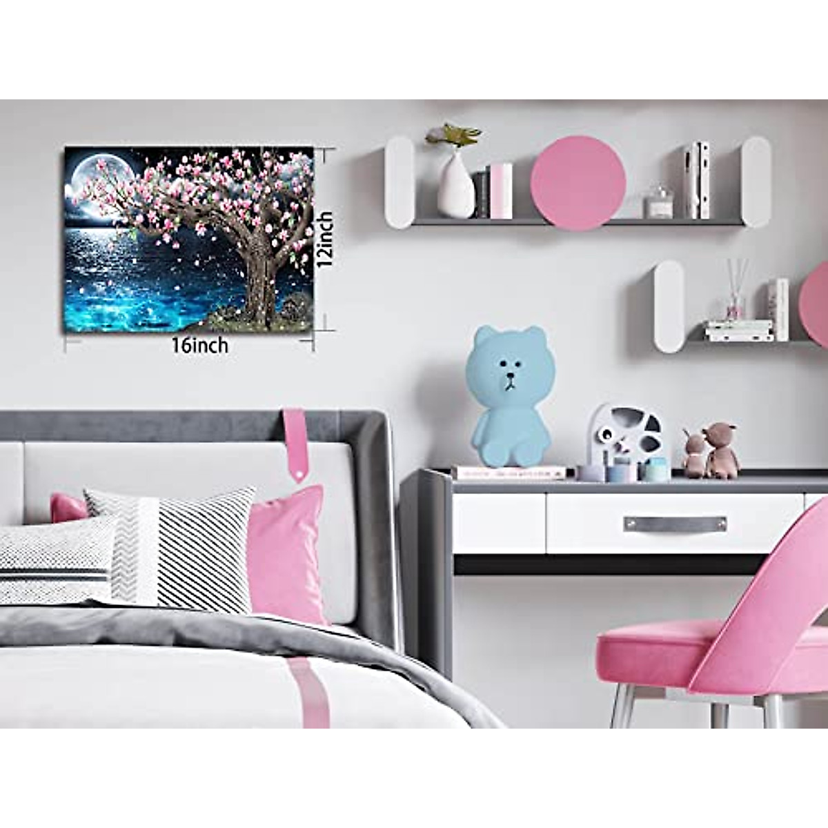 Magnolia Tree Wall-Art For Bedroom - Pink And Blue Wall Decor - Moon Framed Canvas Art Picture 16" x 12"