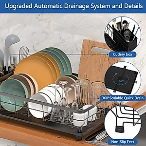 LIONONLY Large Dish Drying Rack with Drainboard, Stainless Steel Dish Rack for Kitchen Counter,Detachable Dish Drainer Organizer Shelf with Utensil Holder Set (Black)