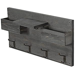 MyGift Wall Mounted Vintage Gray Solid Wood Mail and Key Holder Organizer Rack with Antique Key Hooks, Display Shelf and Letter Storage Bins, Entryway Family Command Center