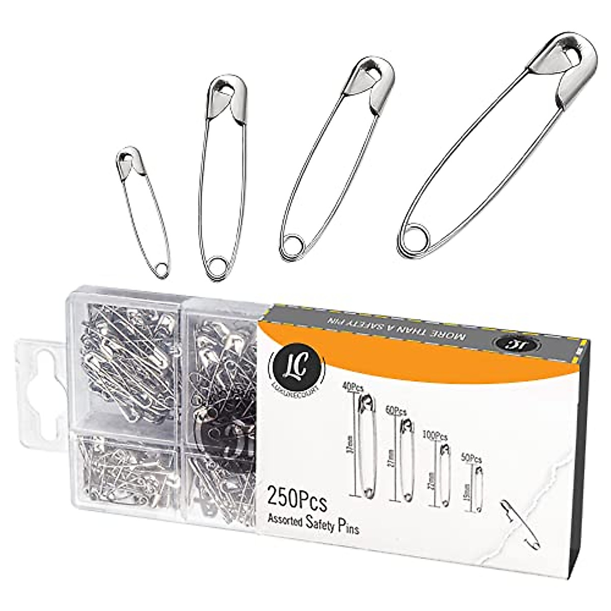 250 Pack Safety Pins by Luxurecourt, 4 Assorted Sizes of Durable, Silver Small and Large Safety Pins Bulk, Rust-Resistant Nickel Plated Steel, Sharp Edge Safety Pins for Clothes, Sewing, Arts & Craft