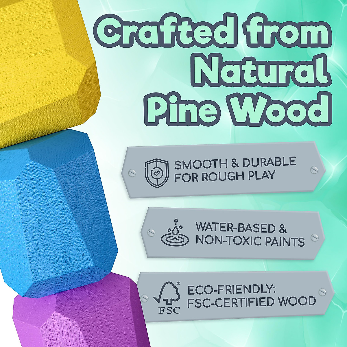 EVERSMART 36 Pcs Wooden Stacking Blocks – Montessori Toys for 1 2 3 4 5 6 Year Old Toddlers and Kids, XXL Rocks, No Choking Hazard – Sensory STEM Building Stones, Girl or Boy Birthday Gifts