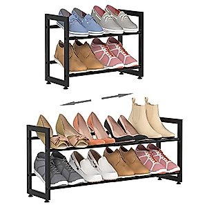FKUO 2 Tier Shoe Rack for Closet Metal Free Standing Small Shoe Racks, Expandable Shoe Storage Organizer Shelf for Entryway, Hallway, Dorm Room (Black, 2 Tier Short)