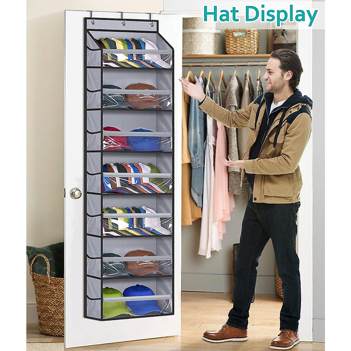 KIMBORA 7 Tier Hat Rack for Baseball Caps, Over Door Baseball Hat Organizer Hold 80 Hat Storage for Closet/Wall with 14 Side Mesh Pockets Cap Holder (Gray)