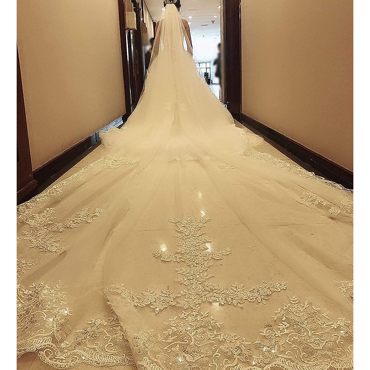 FAIOKAVER Wedding Veils Cathedral Long Floral Sequins Lace 5 Meters 1 Tier with Comb