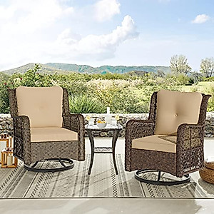 MOOLINCO 3 Pieces Swivel Rocking Chairs Set, Patio Furniture Set, with 2 Wicker Chairs, a Coffee Table and 2 Cushions, Indoor and Outdoor Universal Wicker Rocker (Khaki)
