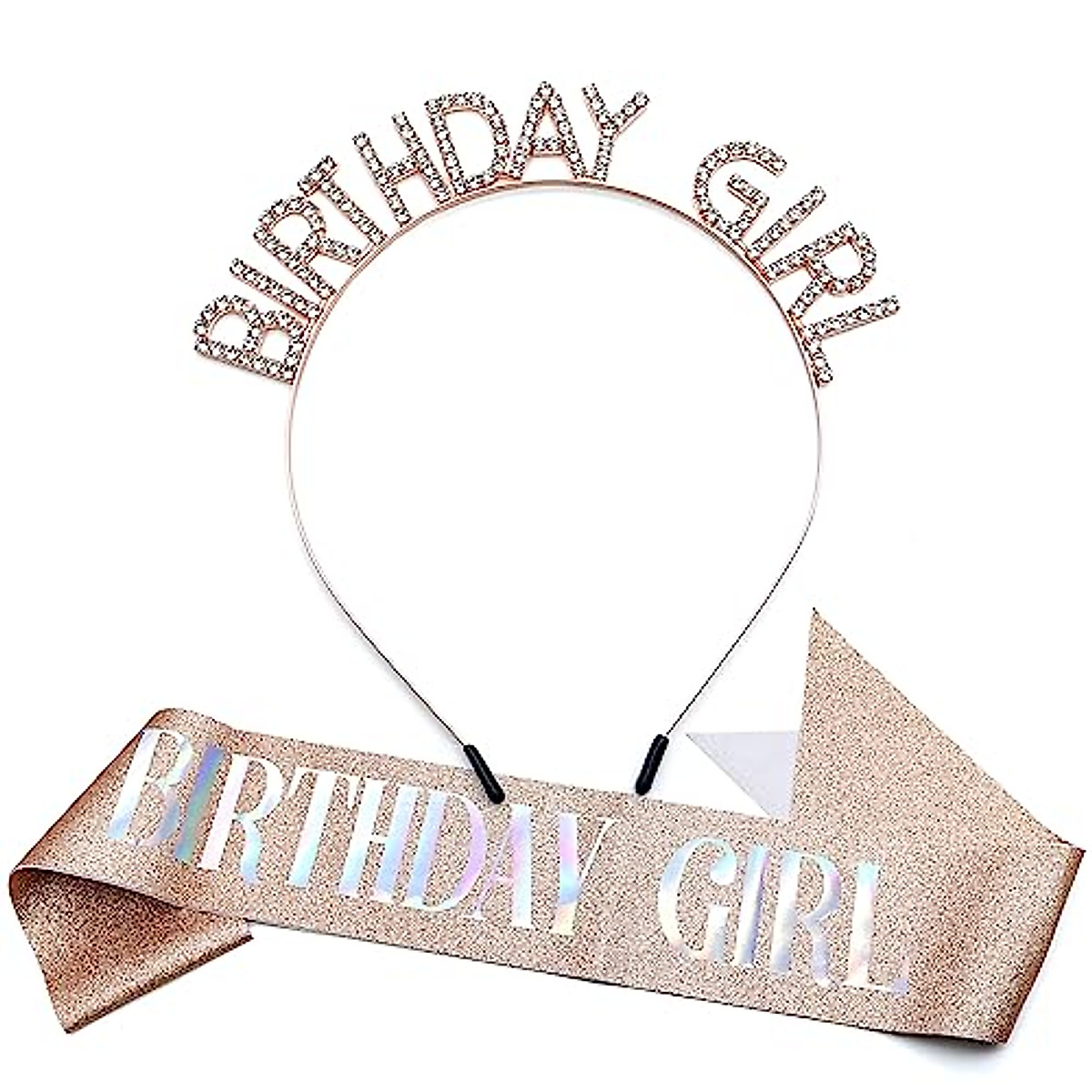 PAPARELA Birthday Crown Rose Gold Birthday Sash Rhinestone Tiara Set for Girl Headband Princess Crowns for Birthday Party Pageant Gifts for Women