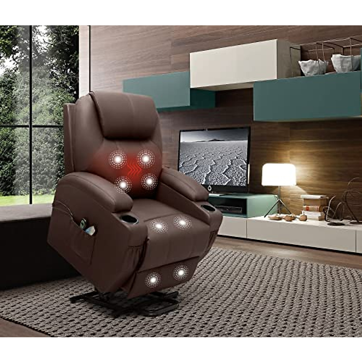 VICTONE Electric Power Lift Recliner Chair PU Leather Sofa Chair for Elderly with Massage and Heat, Side Pockets and Cup Holders (Brown)