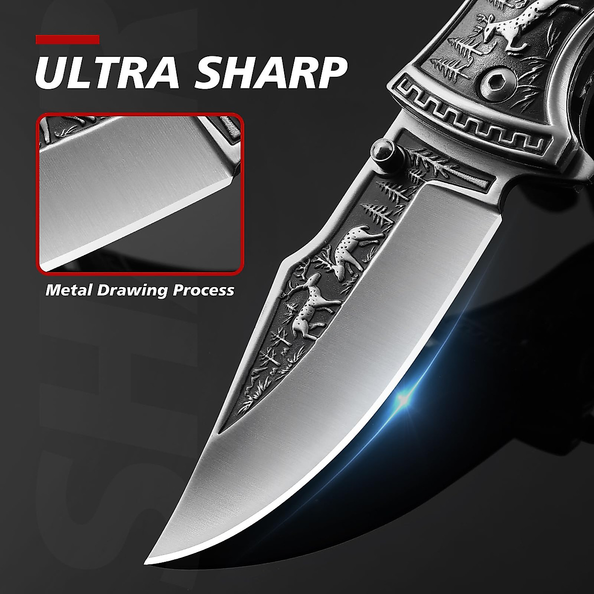 ohmonlyhoo Folding Knife,3.7 inch Pocket Knife with Deer Pattern Rosewood Handle,EDC Knife with Pocket Clip and 7Cr13Mov Blade, for Men and Women, for Outdoor