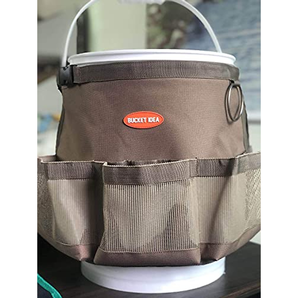 Bucket Idea Wash Tool Organizer for 5 Gallon Bucket, cleaning bucket organizer Water-resistant Mesh Pockets for Clean Supplier , Car Wash Supplier，Soap and Towel Holder Ring Included , Khaki Color (1)