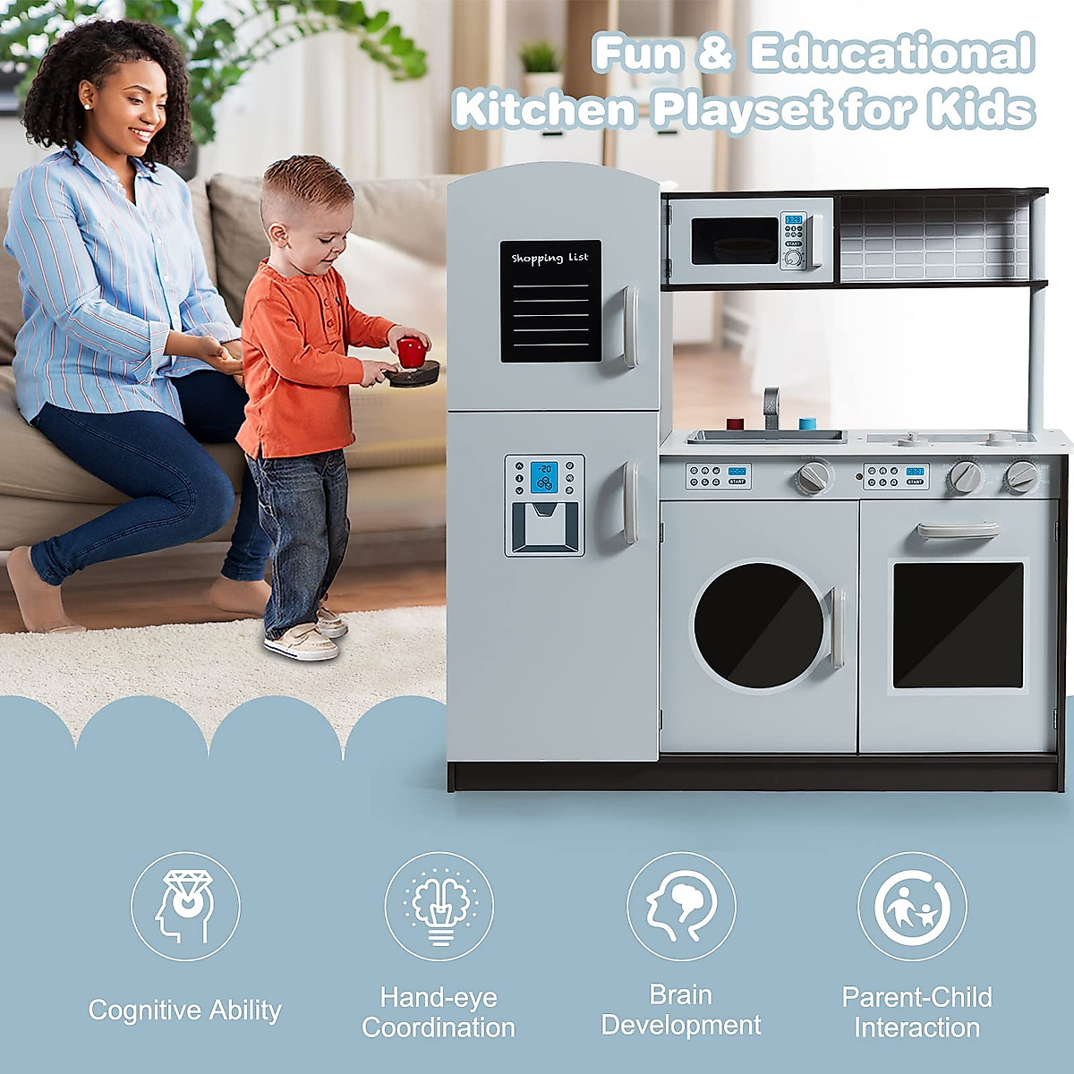 HONEY JOY Kids Kitchen Playset, Wooden Little Chef Pretend Toy Kitchen Set w/Sounds, Sink, Stove, Microwave, Storage Cabinet, Shop List, Play Kitchen for Toddlers, Gift for Boys Girls 3+, Gray