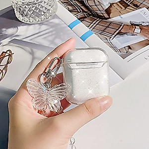 Lovmooful Compatible with AirPods Case Cute Clear Glitter Butterfly Pattern with Lovely Pearl Chain Design for Women Girls Soft TPU Shockproof Protective Cover Case for Airpods 2&1- Butterfly