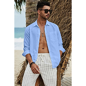 JMIERR Men's Cotton Linen Casual Stylish Button Down Shirt Long Sleeve Business Dress Shirts Fashion Summer Beach Shirts for Men Old Money Resort Wear with Pocket, US 43(L), Sky Blue