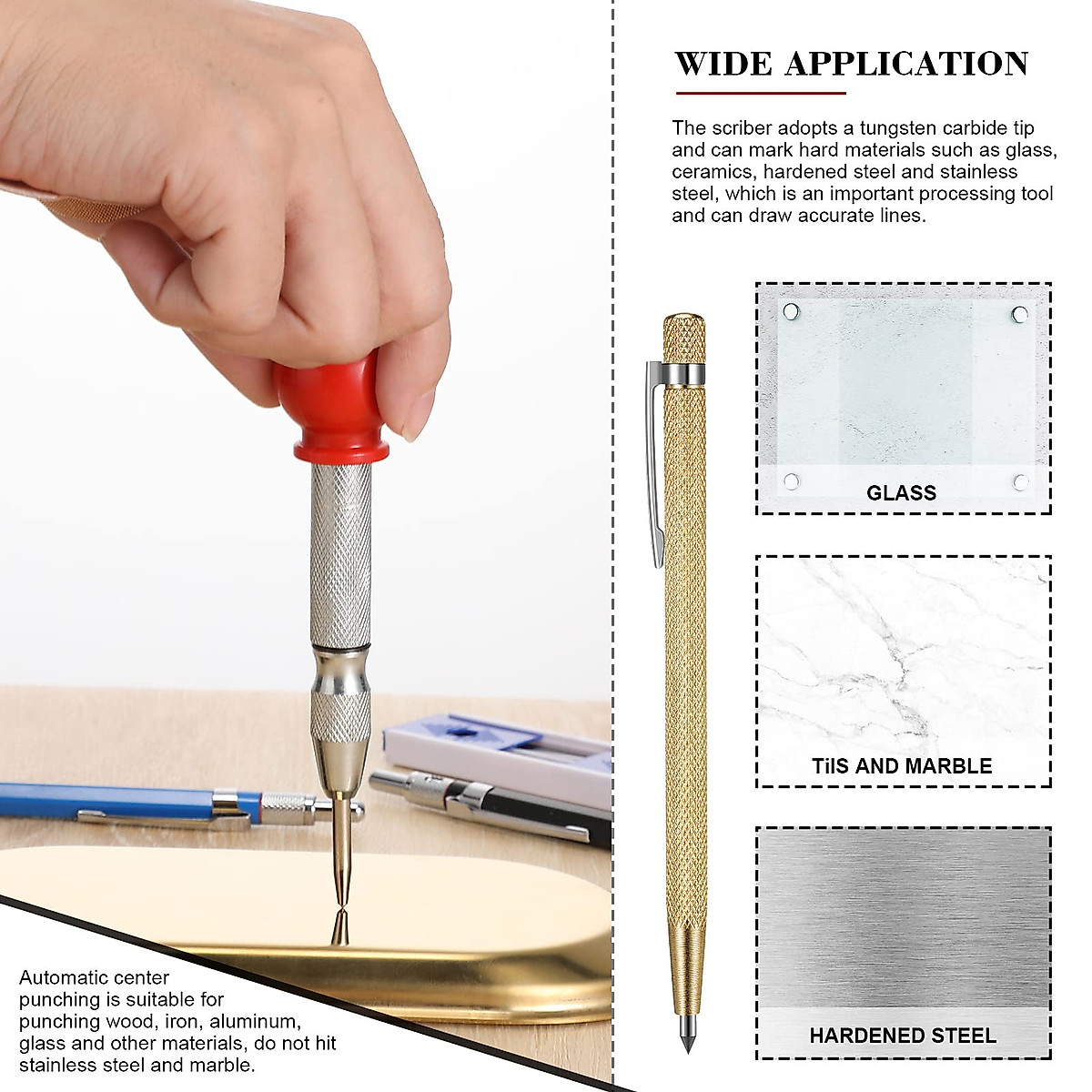 8 Pieces Carpenter Scriber Marking Kit Includes 4 Mechanical Carpenter Pencils, 2 Packs Marker Refills, Metal Carbide Scriber and Automatic Center Punch Woodworker Tool for Glass, Ceramics, Steel