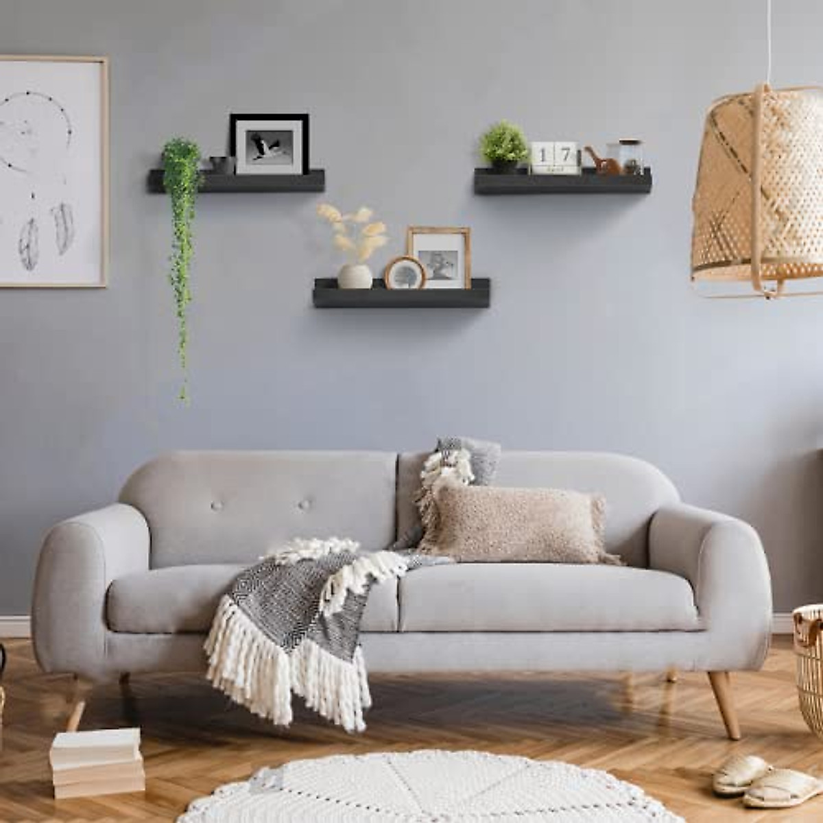 16 Inch Black Floating Shelves - Set of 3 Photo Ledge Wall Mounted Shelves with Invisible Brackets - Floating Shelves Black for Bedroom, Living Room, Bathroom, Kitchen, Office - 3 Different Sizes