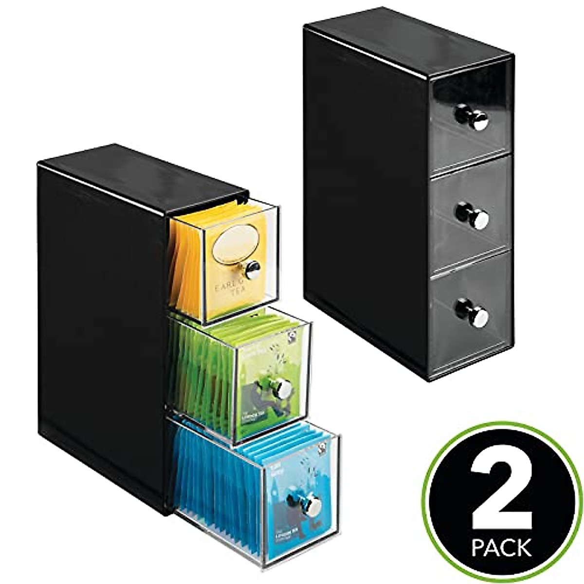 mDesign Plastic Kitchen Pantry Stackable Storage Organizer Container Station, 3 Drawers for Cabinet, Countertop, Holds Coffee, Tea, Sugar Packets, Creamers, Lumiere Collection, 2 Pack - Black/Clear