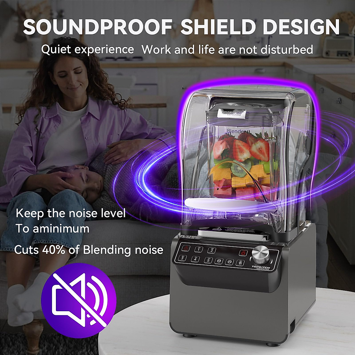 TOPKITCH Commercial Blender 70oz 3.5 hp 5 Programmable Function,Quiet Blender with Digital Waterproof Touchpad and Quiet Sound Enclosure - 120V