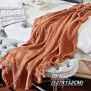 CREVENT Farmhouse Rust Knit Throw Blanket for Couch Sofa Chair Bed Home Decoration, Soft Warm Cozy Light Weight for Spring Summer Fall (50''X60'' Caramel/Rust)